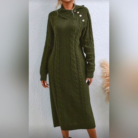 Boutique | Dresses | New Cable Knit Cowl Button Neck Midi Sweater Dress ...